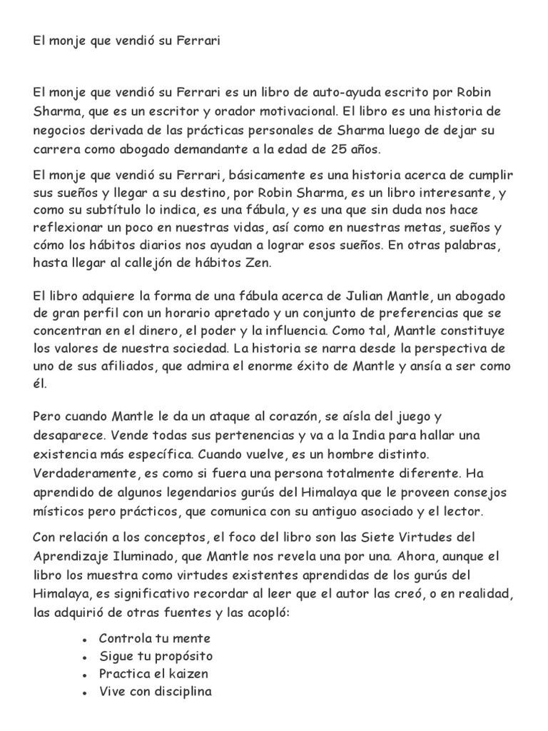 El monje que vendió su Ferrari: Resumen | PDF | Pensamiento | Mente