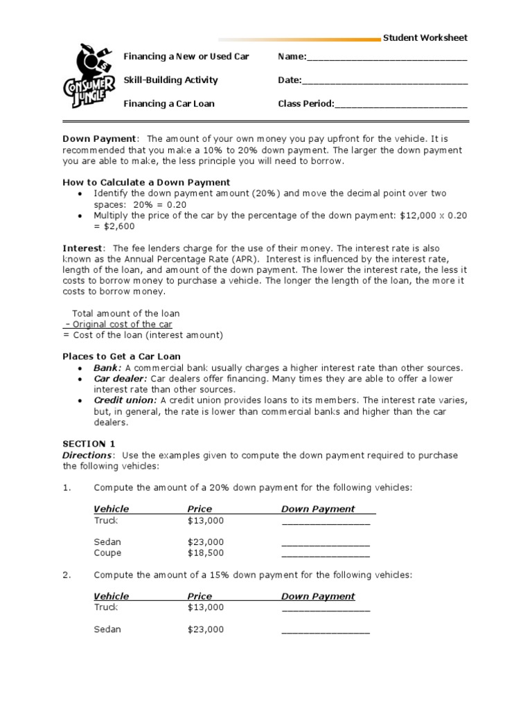 Financing A Car Loan Worksheet | PDF | Annual Percentage Rate | Interest