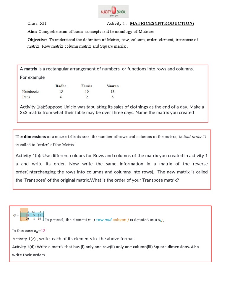 Activity 1 Matrices (Intro) | PDF | Matrix (Mathematics) | Mathematical ...