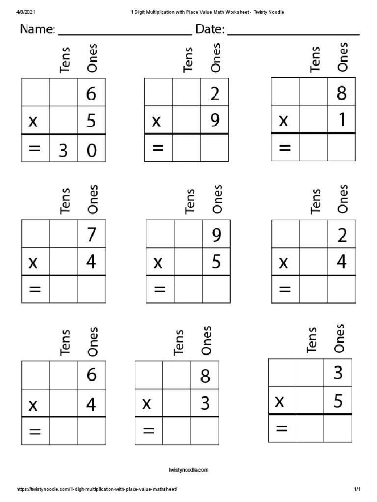 1 Digit Multiplication With Place Value Math Worksheet - Twisty Noodle ...