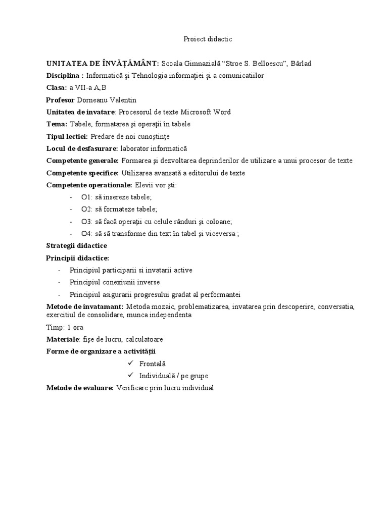 Proiect Didactic Tabele in Microsoft Word | PDF