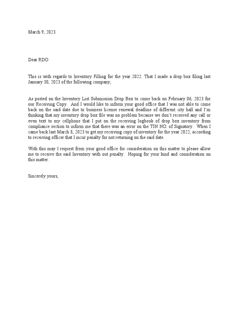 Letter Request For Reconsideration To Waive Penalty | PDF