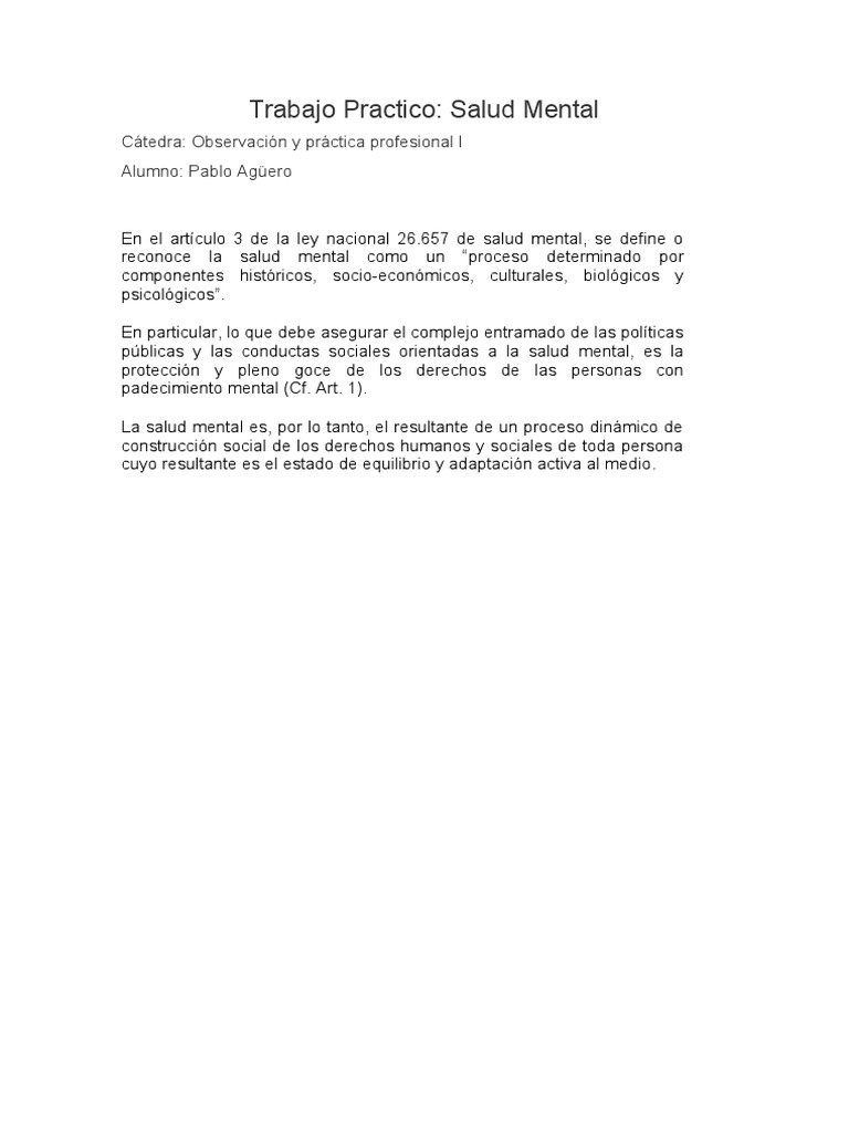 Trabajo Practico Tema 1. Salud Mental | PDF