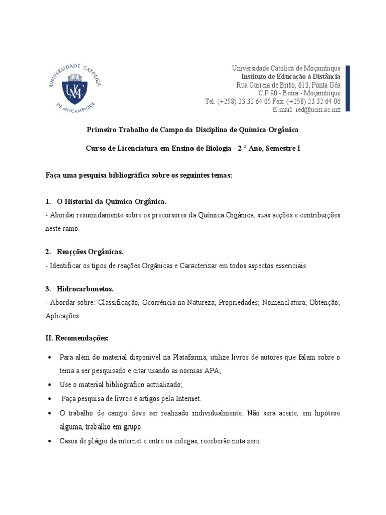Trabalho de Química Orgânica UCM | PDF