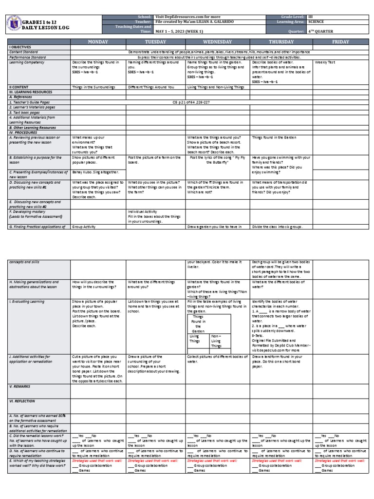DLL - Science 3 - Q4 - W1 | PDF | Learning | Cognitive Science