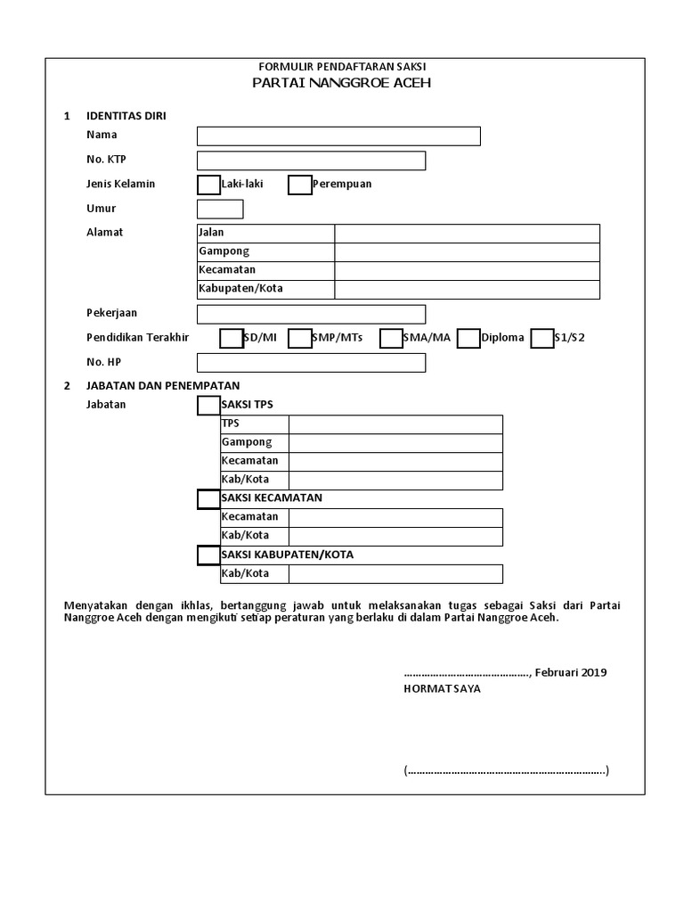 Formulir Pendaftaran Saksi Pna | PDF