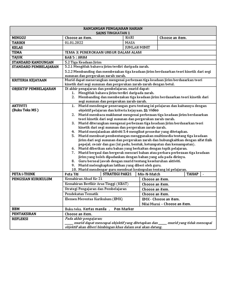 RPH SAINS TINGKATAN 1 - 5.2 Tiga Keadaan Jirim | PDF