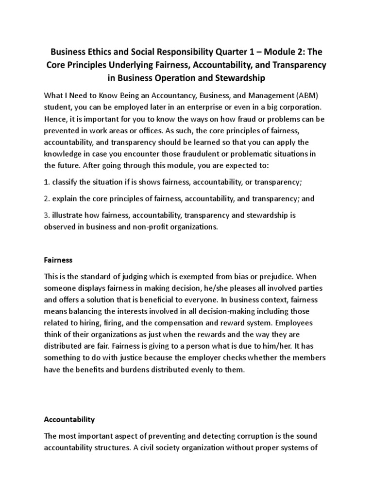 Business Ethics and Social Responsibility Quarter 1 WORD TYPE ONLY ...