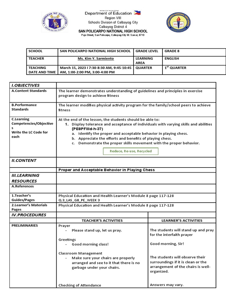 A4 Detailed Lesson Plan Chess | PDF | Learning | Physical Education