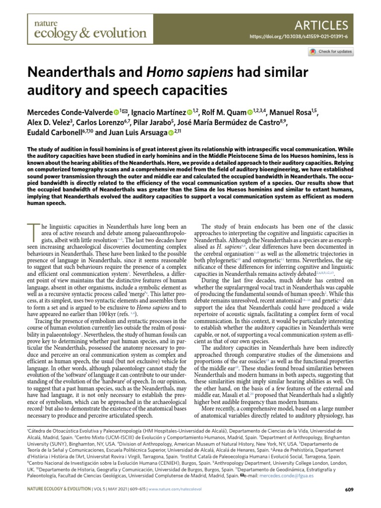 Neanderthals And Homo Sapiens Had Similar Auditory And Speech Capacities Pdf Ear Neanderthal