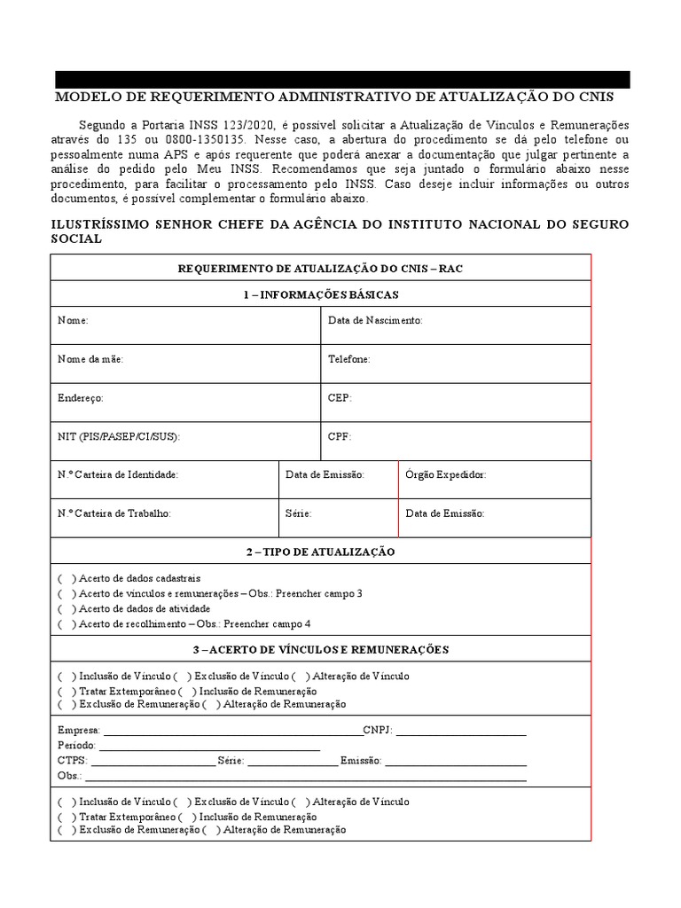 2 Modelo Requerimento Administrativo Atualizacao Do Cnis | PDF