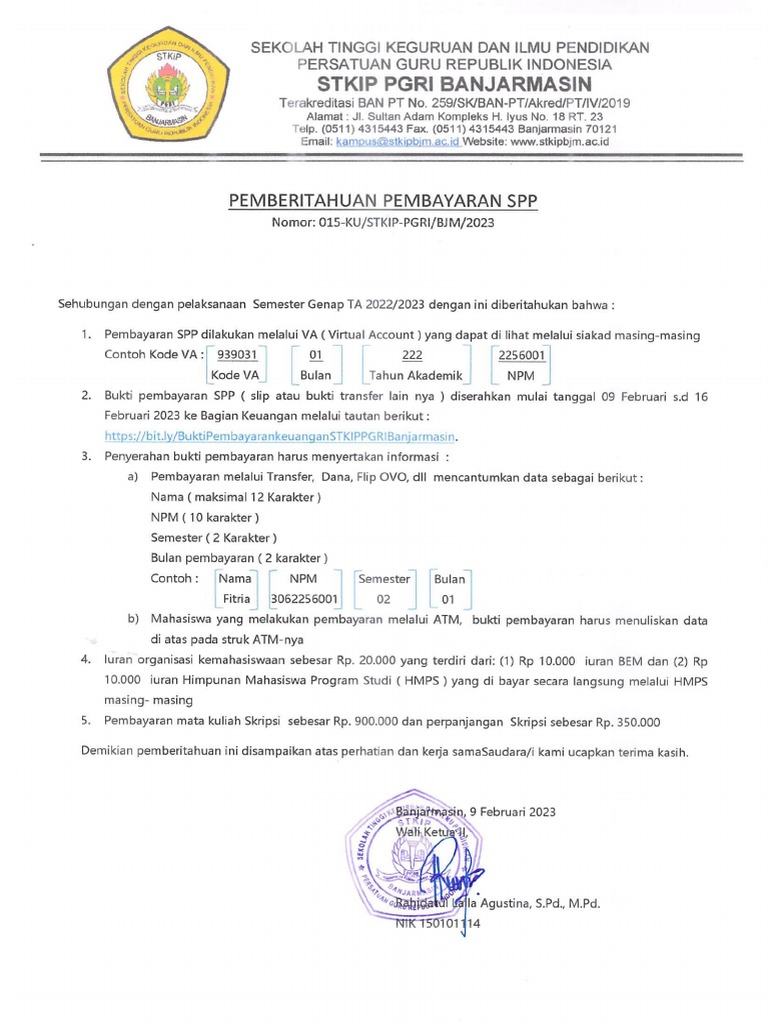 Pemberitahuan Pembayaran Spp Pdf