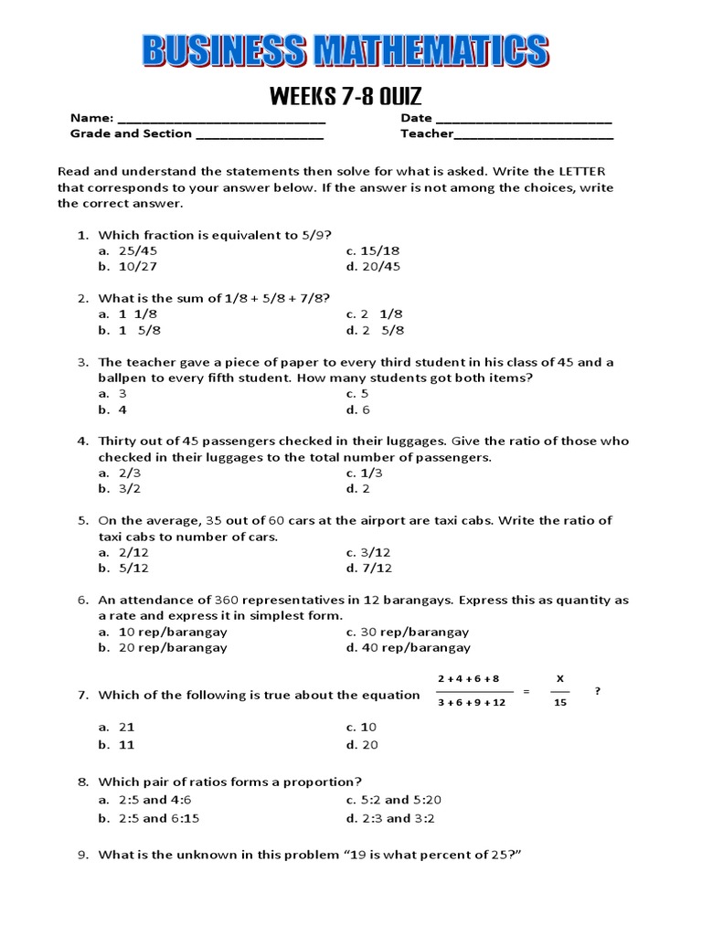 Q1 - Set2 - Weeks 7 8 - Business Math Activity Sheet - Quiz | PDF | Percentage | Ratio