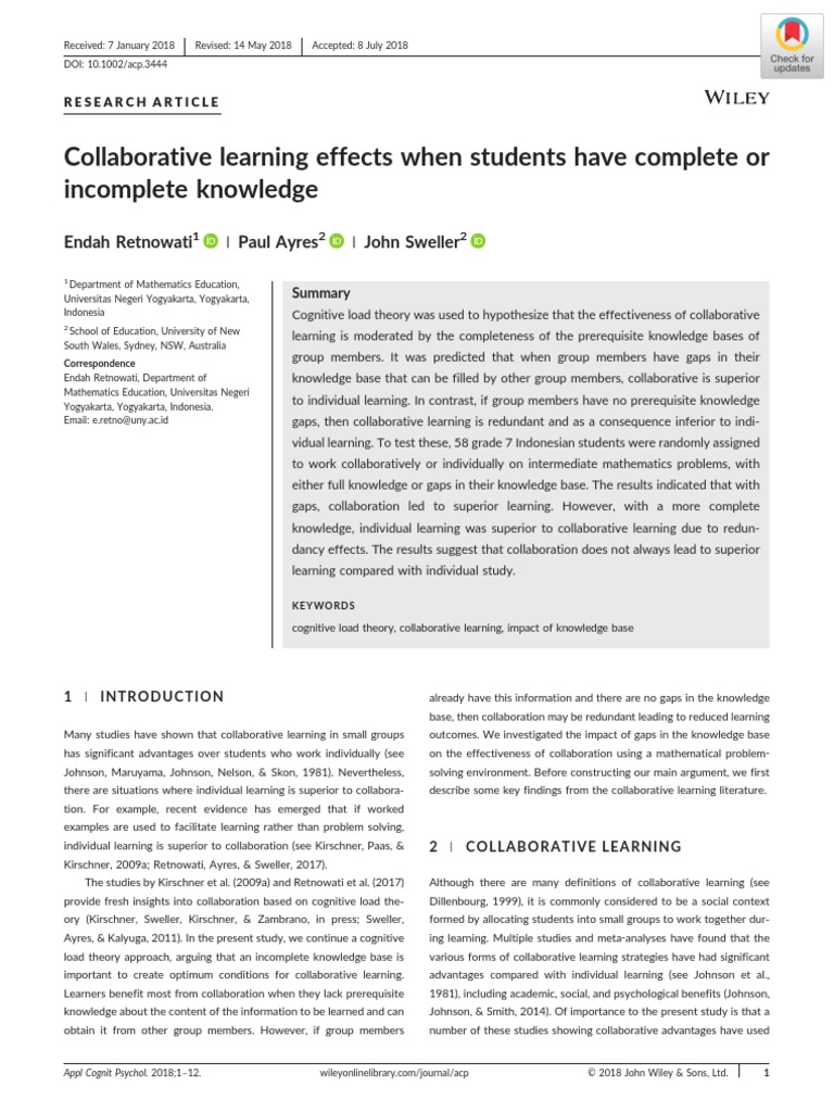 2018 Retnowati Ayres Sweller Collaborative Incomplete Knowledge ACP | PDF | Learning | Behavior ...
