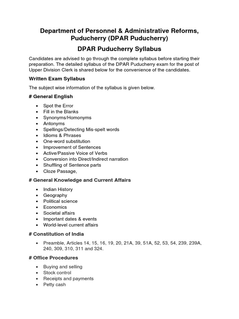 DPAR Puducherry Syllabus | PDF