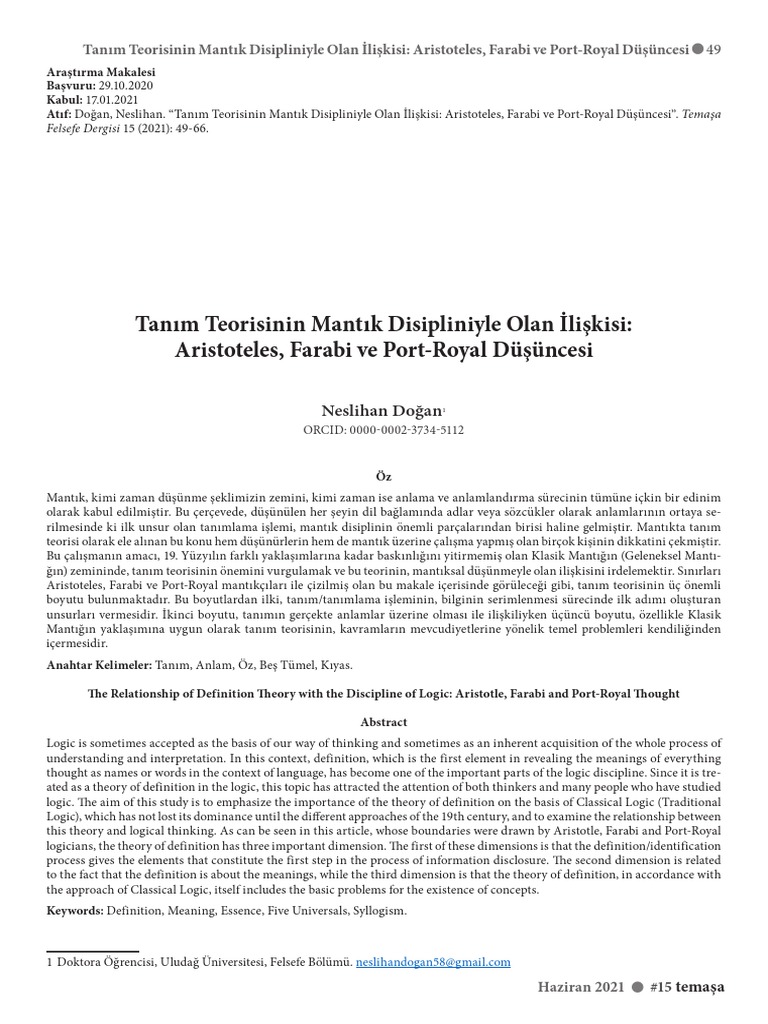 Tan - M Teorisinin Mant - K Disipliniyle Olan - Li - Kisi - Aristoteles, Farabi Ve Port-Royal D ...
