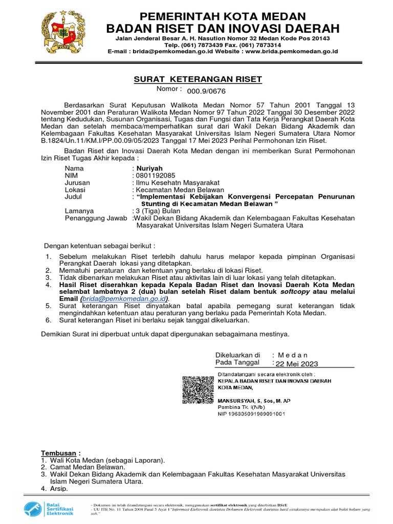 Izin Riset BRIDA Kota Medan | PDF