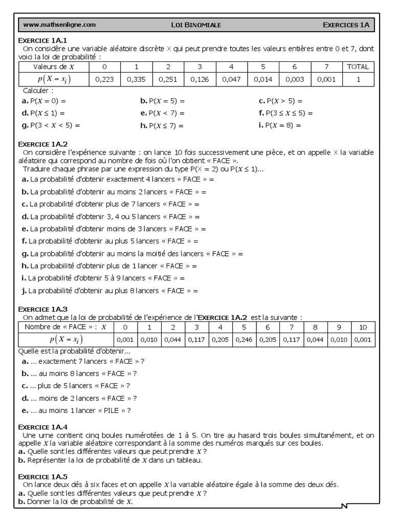 Ex1A - Variable Aléatoire - CORRIGE | PDF | Probabilité | Loi de probabilité