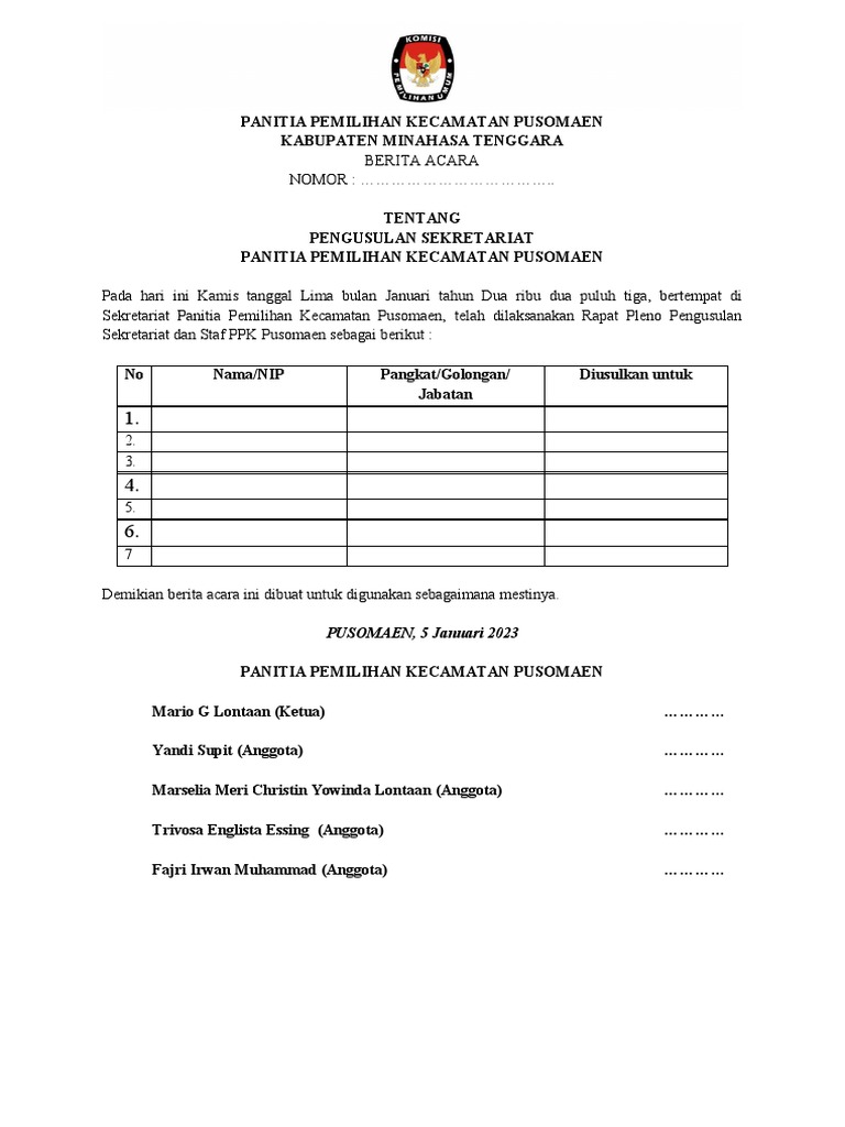 CONTOH BA Usulan Sekretariat PPK | PDF