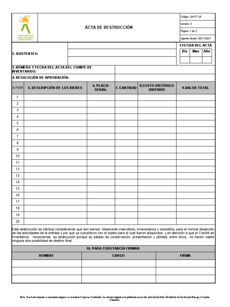GA-FT-26 Formato Acta de Destrucción V3 | PDF