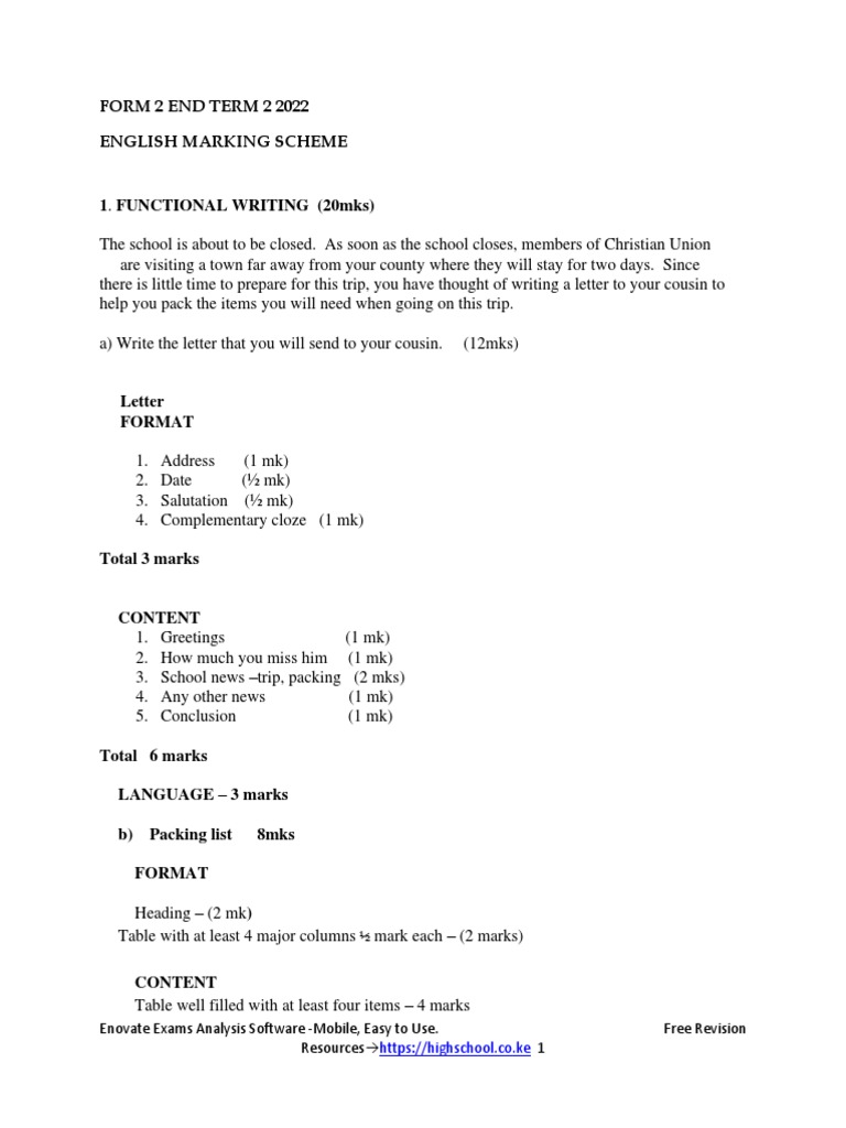 ENGLISH Form 2 Term 2 Joint Exam 2022 Marking Scheme.docx | PDF | Human ...