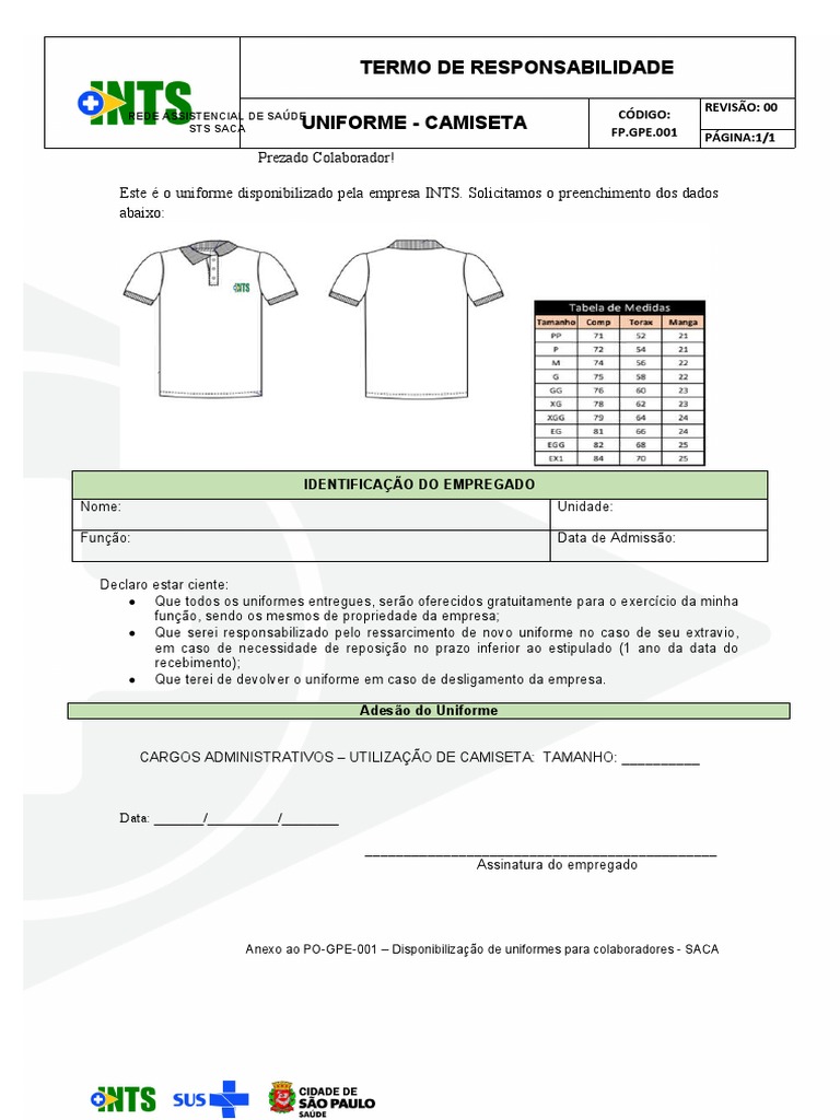 Termo De Responsabilidade Uniforme Camisa Administrativo Pdf