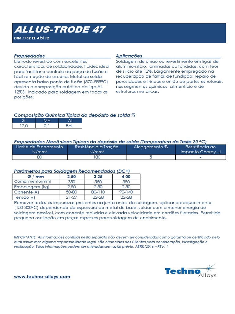 ELETRODO 2ALLUS-TRODE 47 (EL Al Si 12) | PDF
