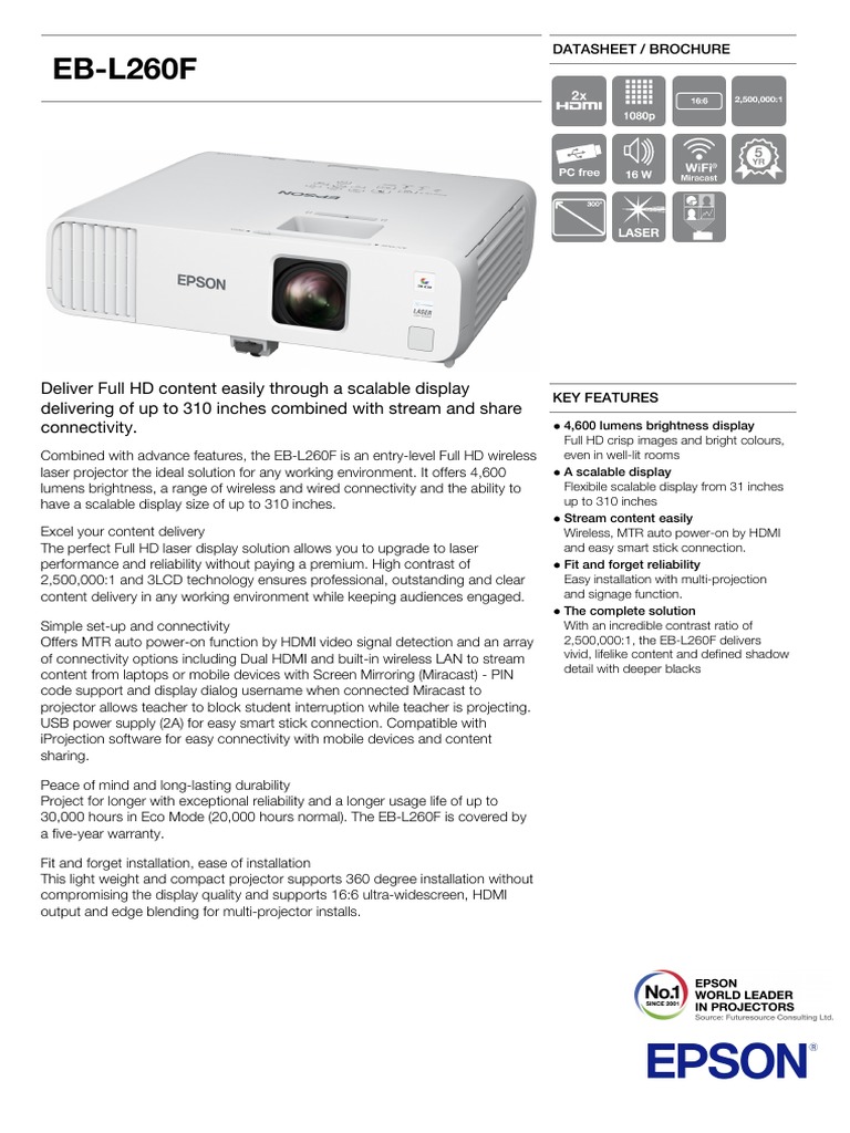 Epson EB-L260F Projector Datasheet | PDF | Hdmi | Camera Lens