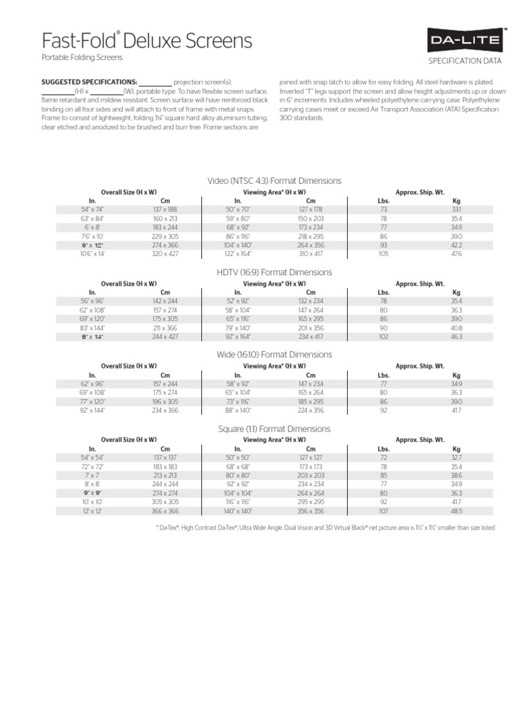 Da-Lite DL-0219-Fast-Fold-Deluxe-Spec-Sheet - EO | PDF | Sheet Metal ...