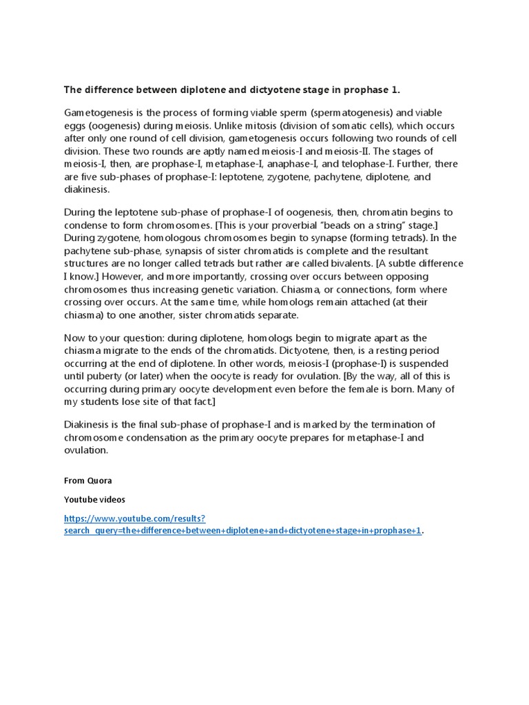 The Difference Between Diplotene and Dictyotene Stage in Prophase 1 | PDF