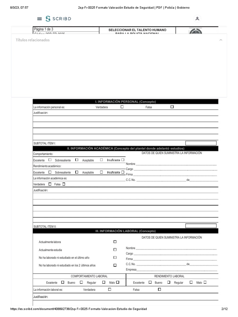 2sp-Fr-0025 Formato Valoración Estudio de Seguridad - PDF - Policía - Gobierno | PDF