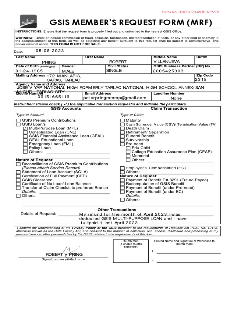 Codified - GSIS Members Request Form - 22feb2023 | PDF | Payments | Cheque