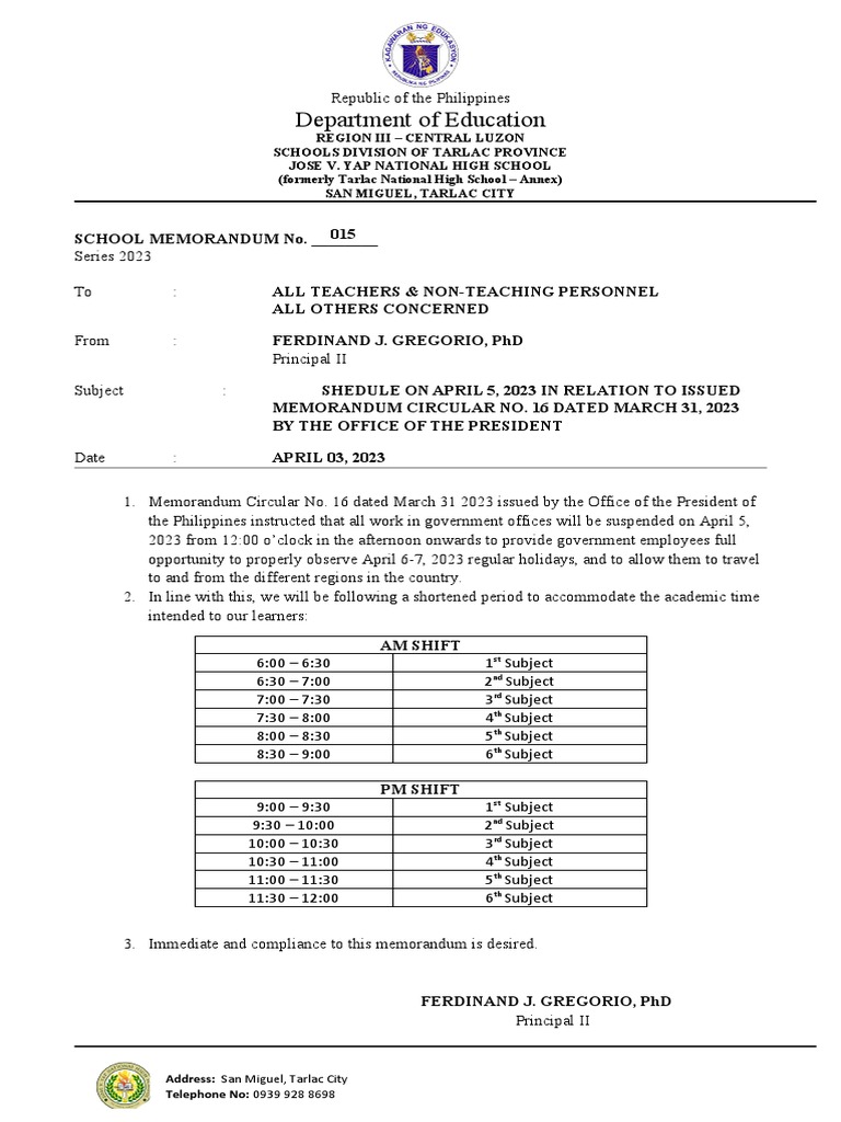 April 5, 2023 School Schedule Update | PDF | Philippines
