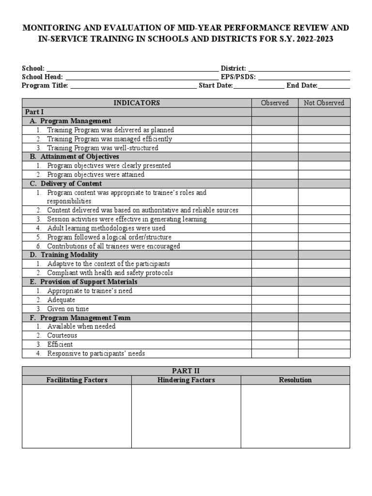 Monitoring and Evaluation of Mid Year Performance Review and in Service ...