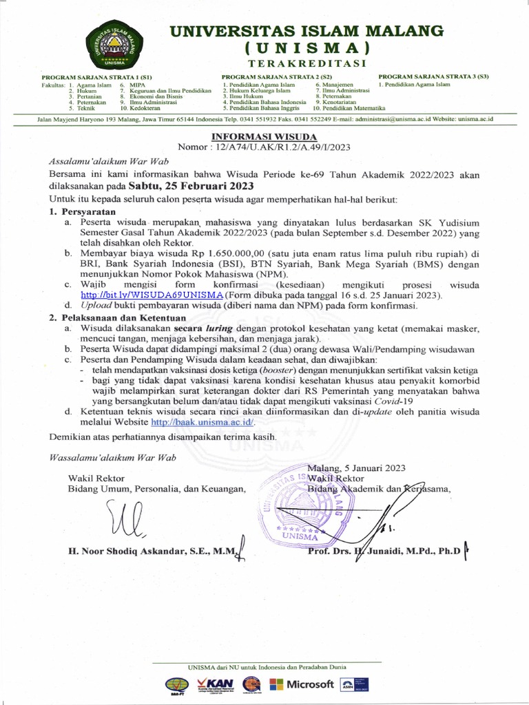 Biaya Wisuda UNISMA Malang 2023 | PDF