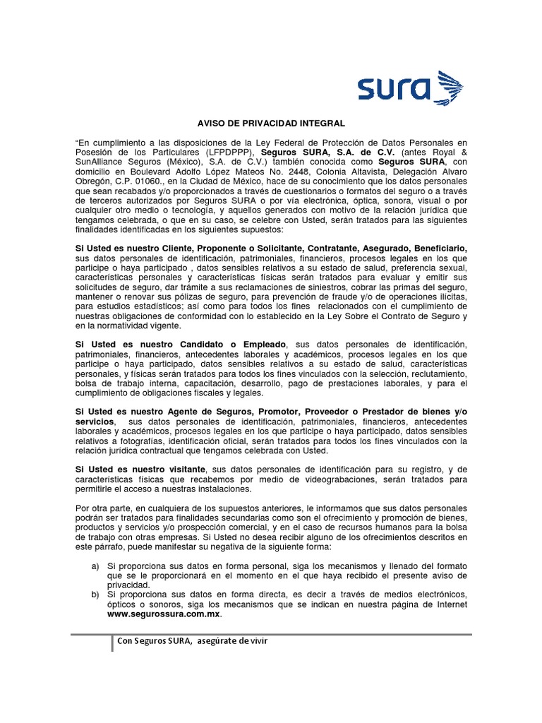 Aviso Privacidad Integral Sura | PDF