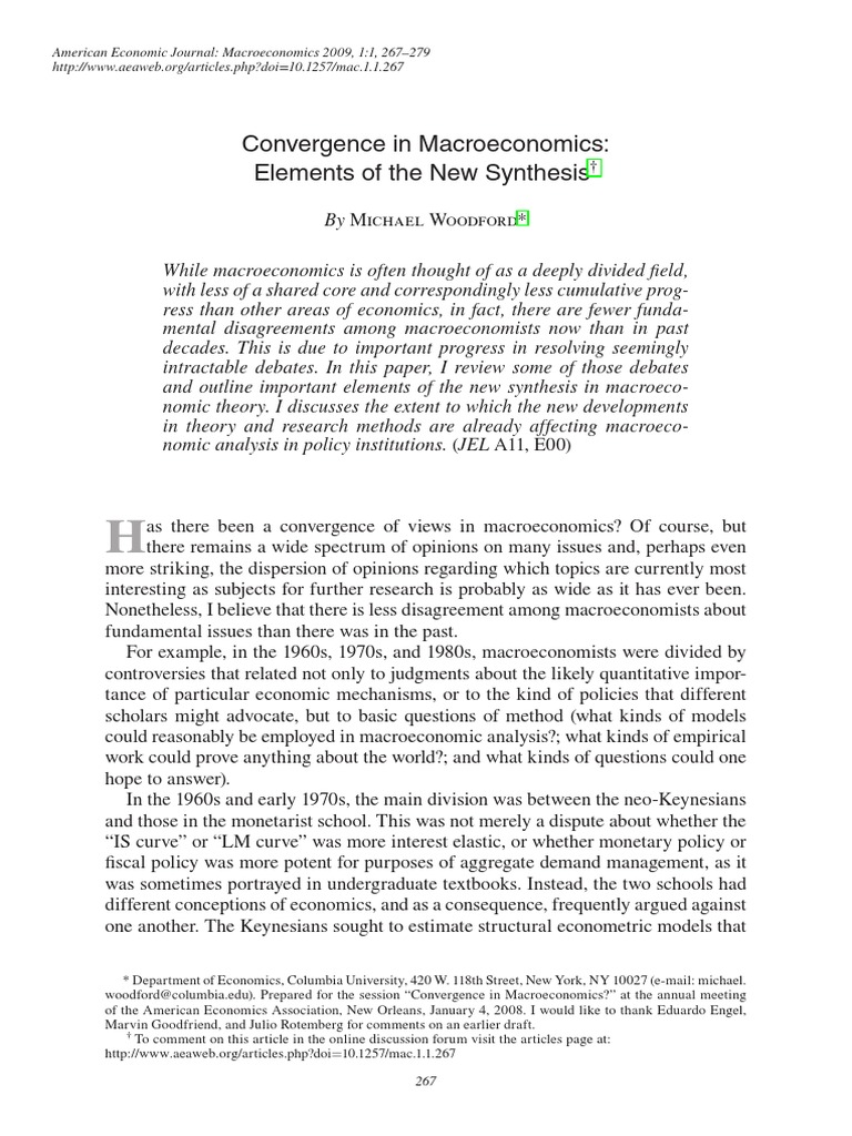 Convergence in Macro, Elements of The New Synthesis (Woodford 2009) | PDF