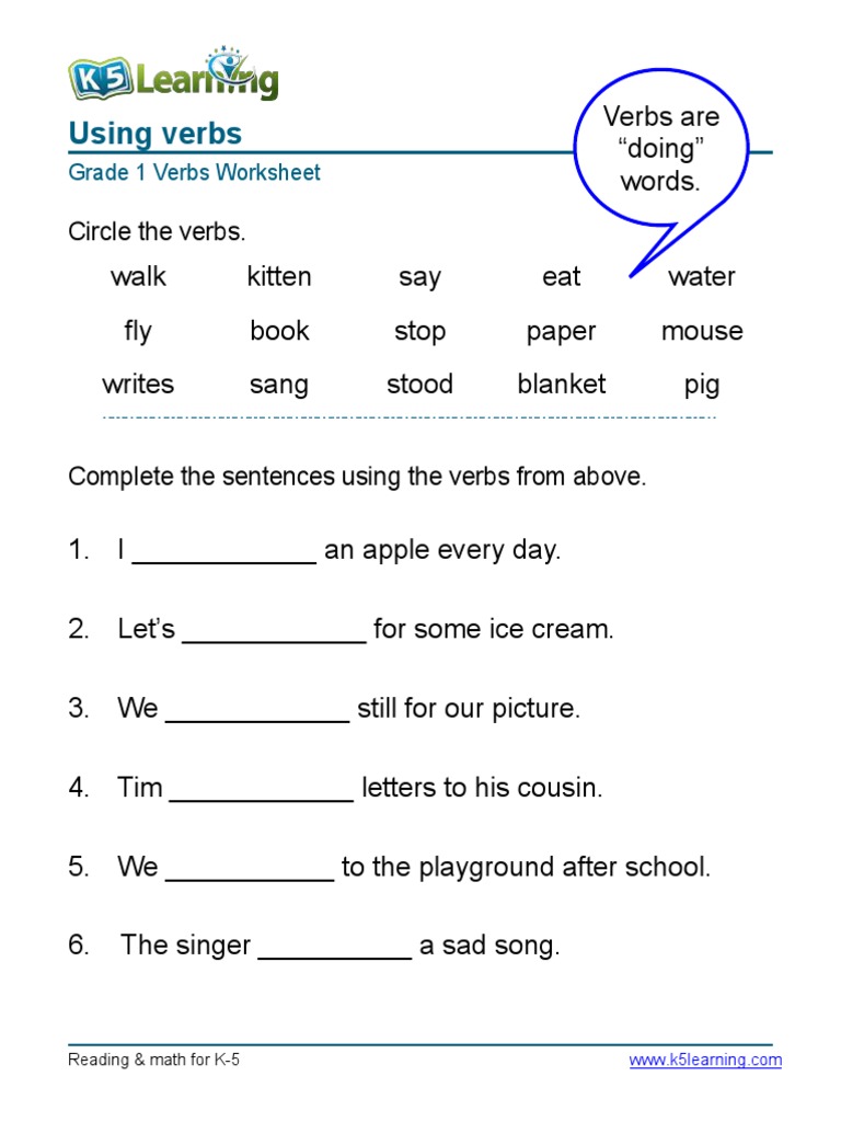 Grade 1 Verbs Worksheet | PDF
