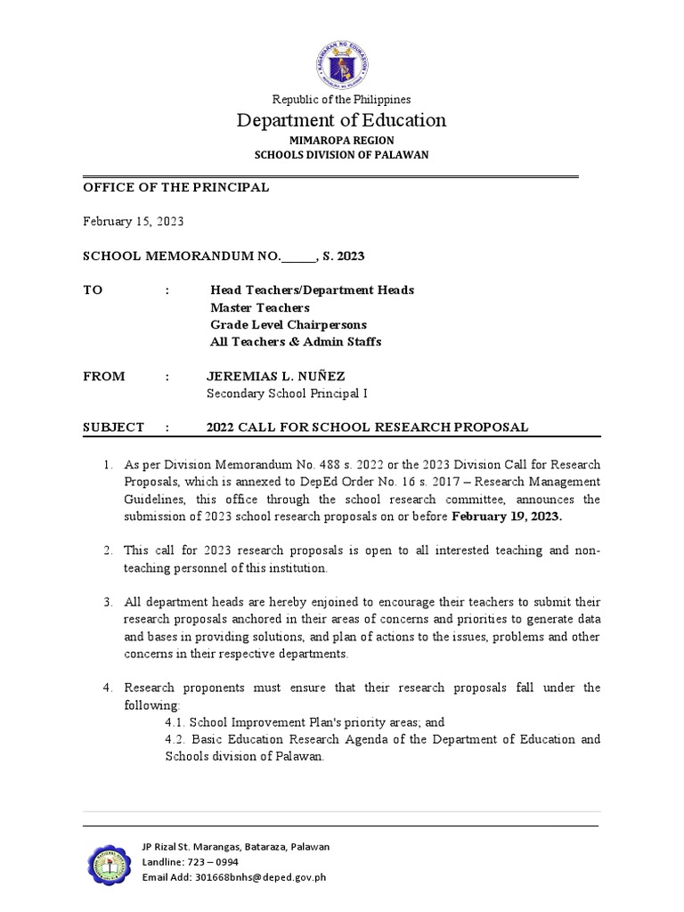 School Memo-For 2023 Research Proposals | PDF