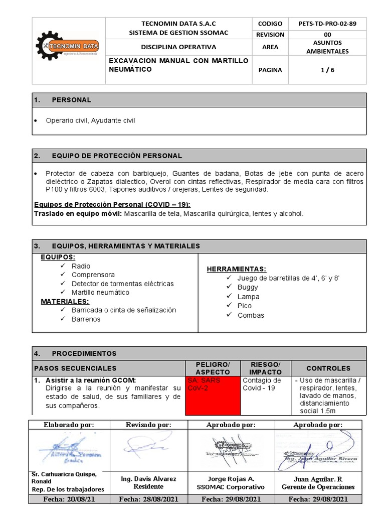 PETS-TD-PRO-02-89 EXCAVACION MANUAL CON MARTILLO NEUMATICO - Ok | PDF | Neumático | Factores ...
