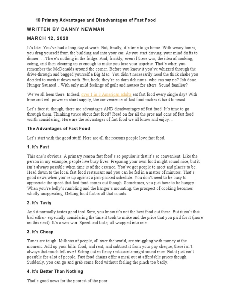 10 Primary Advantages and Disadvantages of Fast Food | PDF | Fast Food ...
