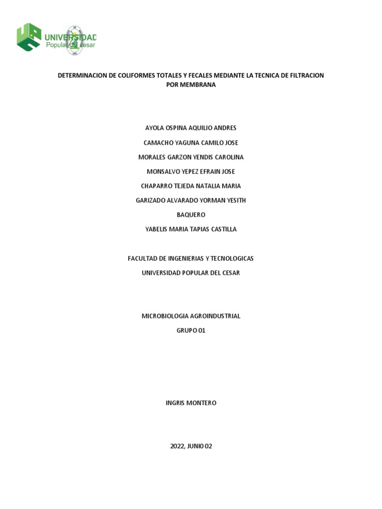 DETERMINACION DE COLIFORMES TOTALES Y FECALES MEDIANTE LA TECNICA DE ...