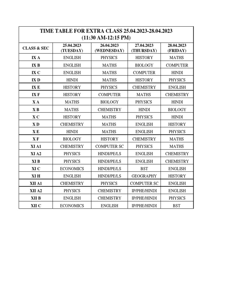 Extra Class Time Table | PDF