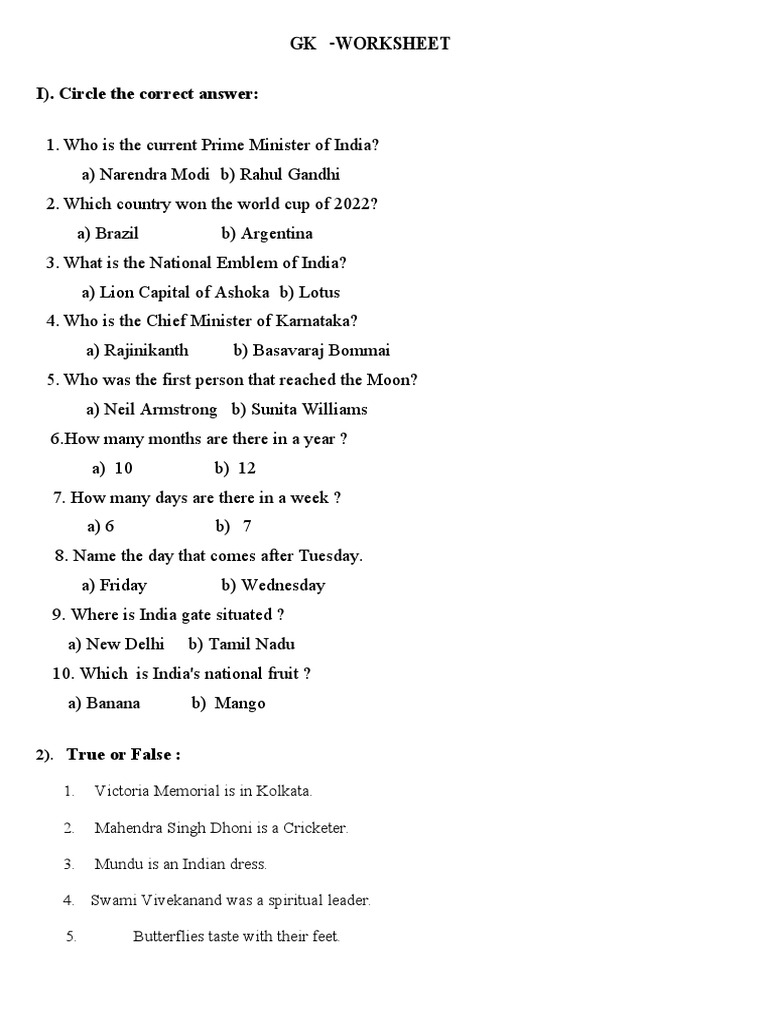 Grade - 1 GK Worksheet March 2022 | PDF | Delhi