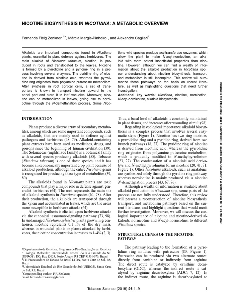 Nicotine Biosynthesis In: Nicotiana: A Metabolic Overview | PDF