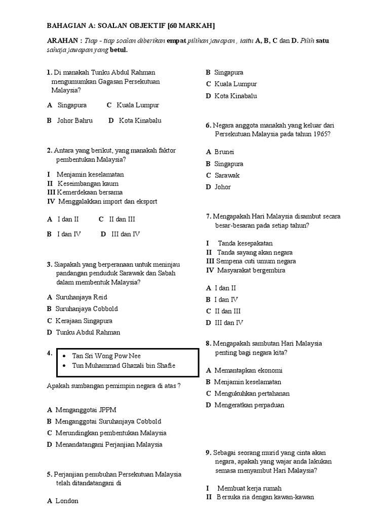 Soalan Sejarah Mid Sem 1 Objektif | PDF