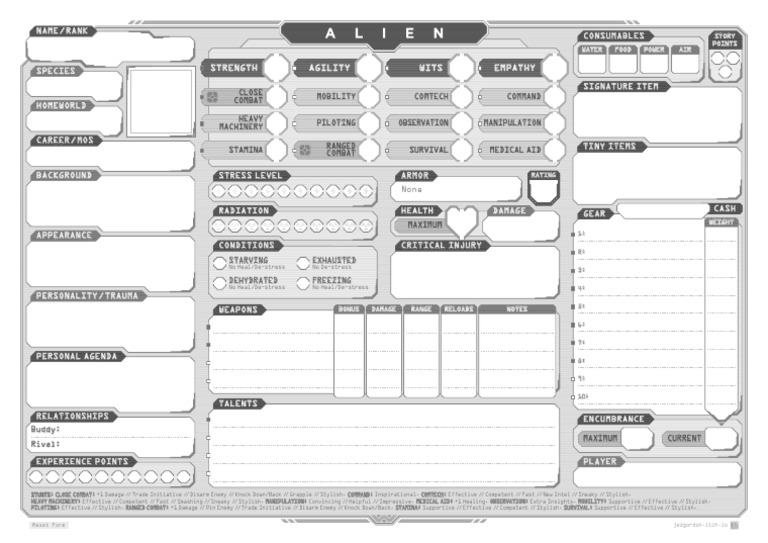 Alien RPG Custom Character Sheet Mono FF-1 | PDF | Role Playing Games