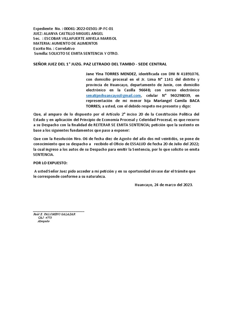 Escrito Emita Sentencia | PDF | Ley procesal | Sentencia (ley)