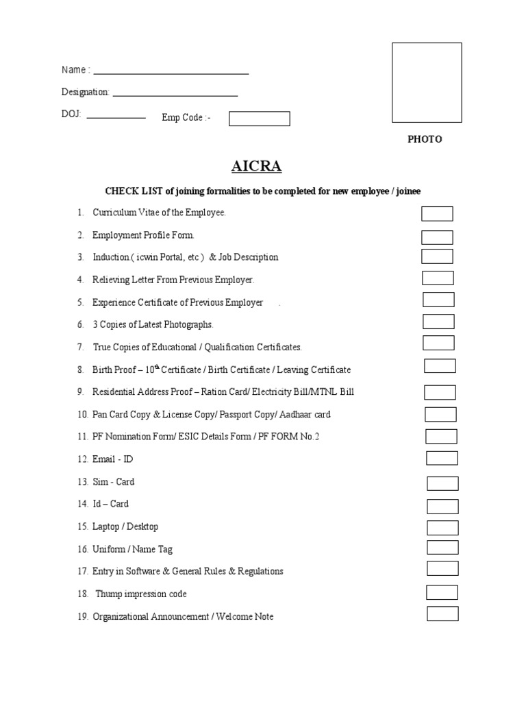 New Joinee Check list | PDF