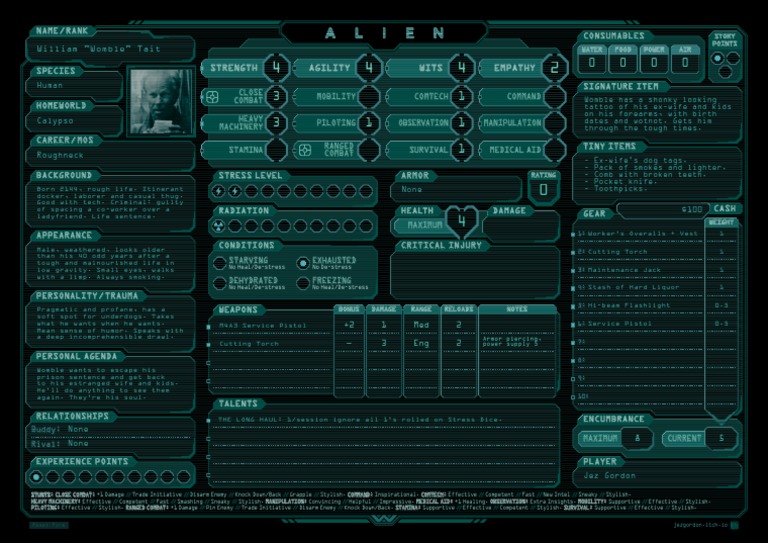 Alien RPG Custom Character Sheet colour FF | PDF